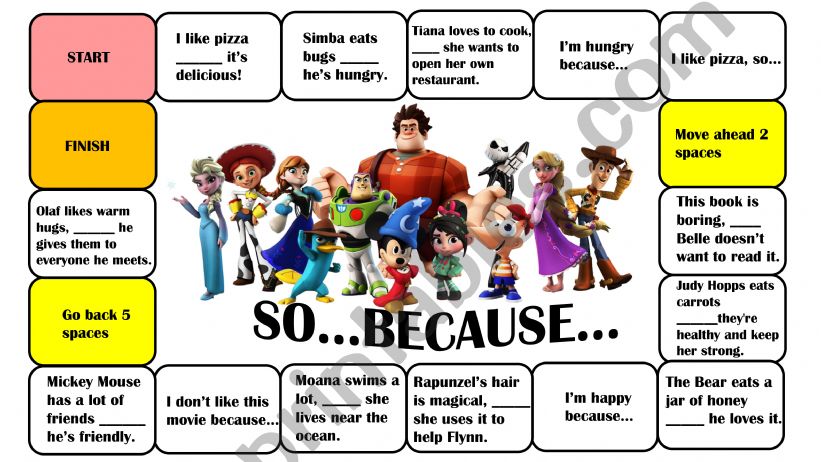 ESL - English PowerPoints: SO/BECAUSE BOARDGAME WITH DISNEY CHARACTERS