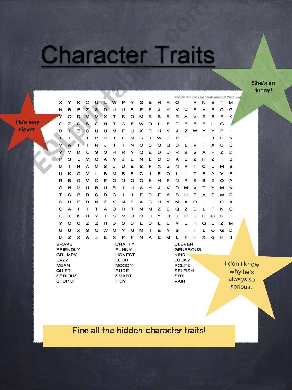 ESL English PowerPoints Character Traits Word Search
