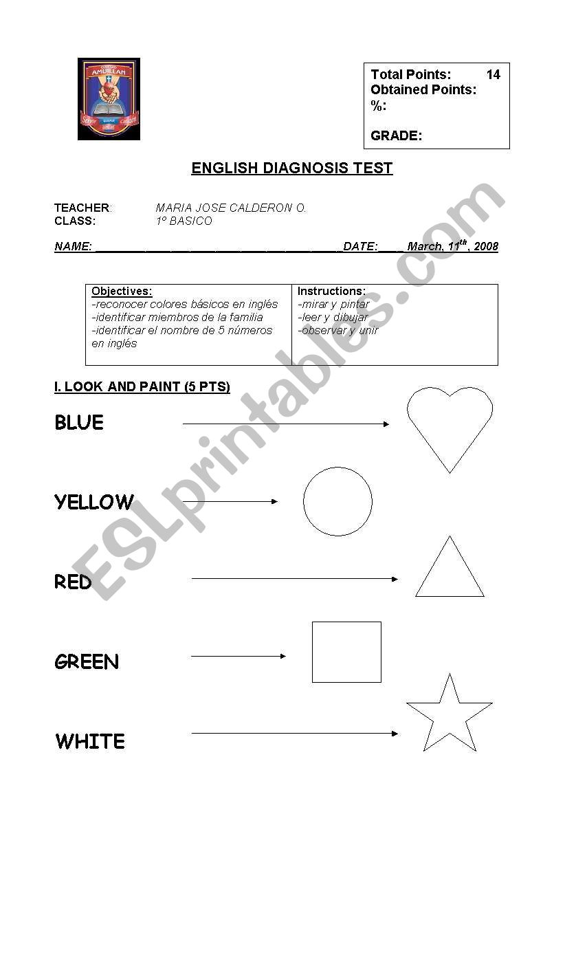 Diagnostic Test 1st Grade Elementary School ESL Worksheet By Majo2008