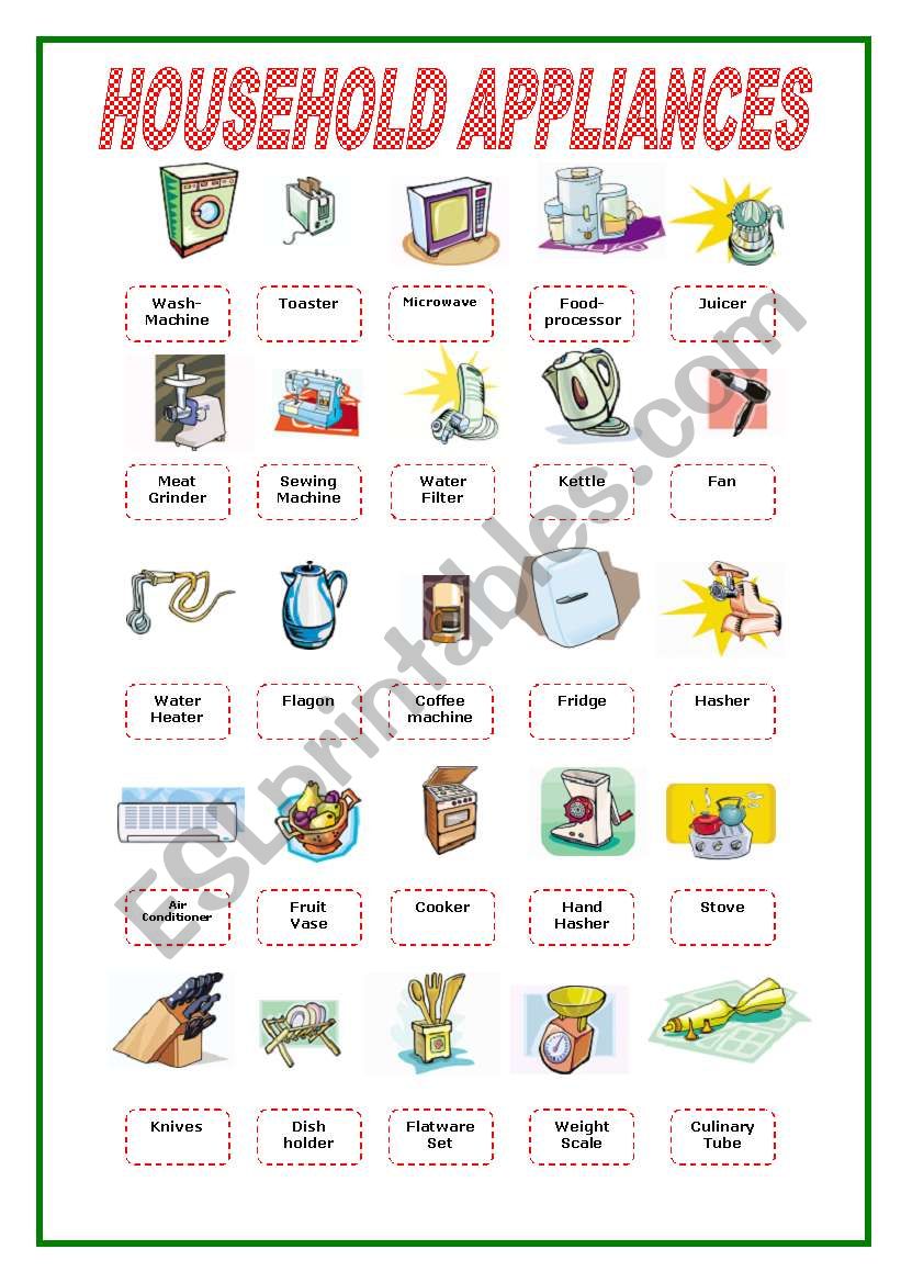 English worksheets: Household Appliances Pictionary 1/2 English worksheets: Household Appliances Pictionary 1/2