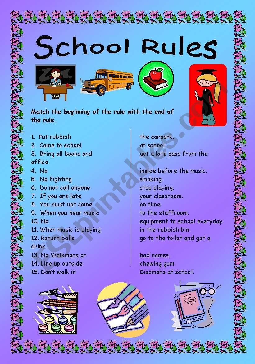English Worksheets School Class Rules 3 Pages Elementary