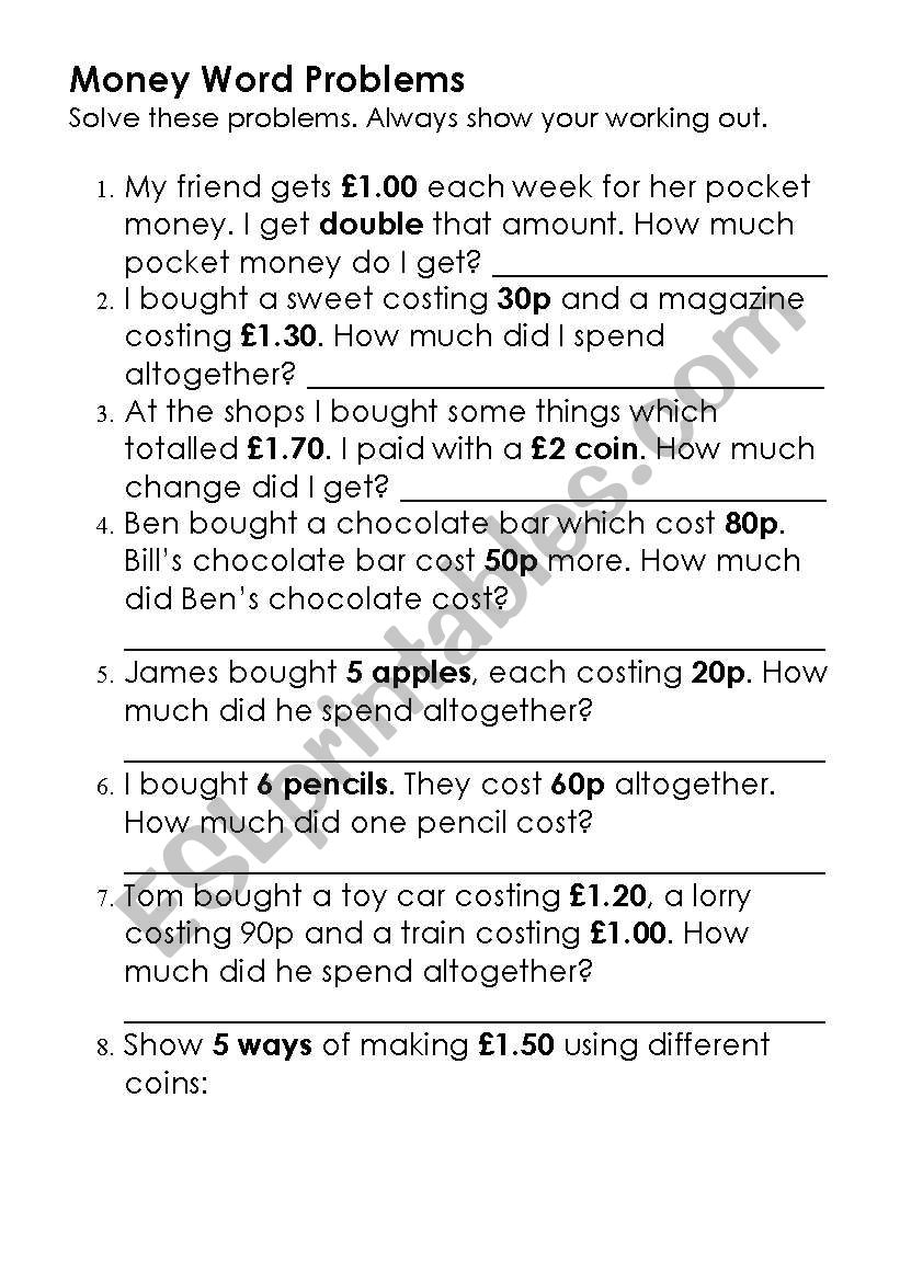 English Worksheets Money Word Problems
