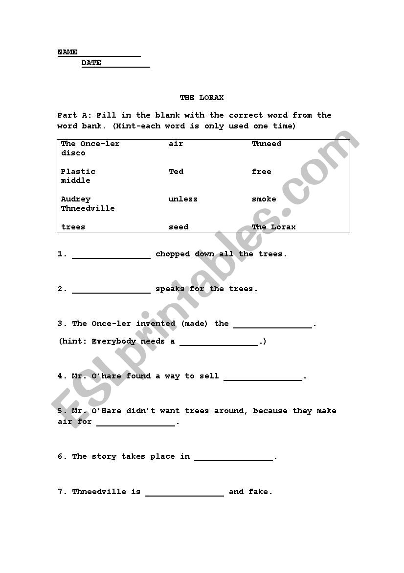 The Lorax Worksheet
