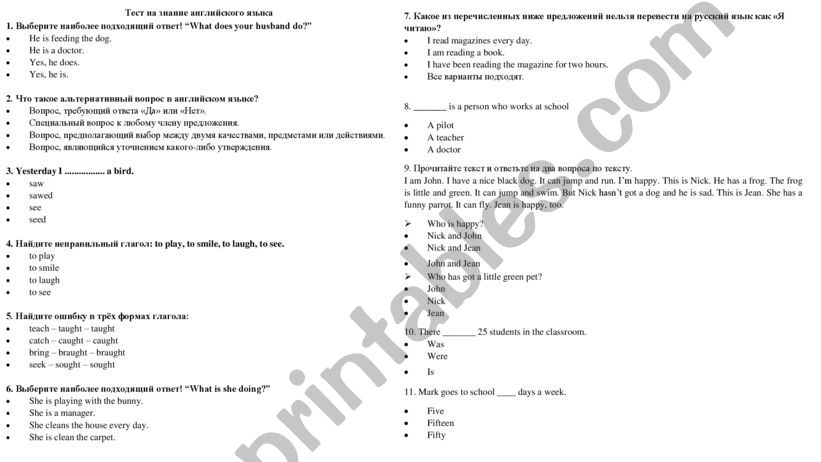 ESL - English PowerPoints: English Test for 6-7 grade
