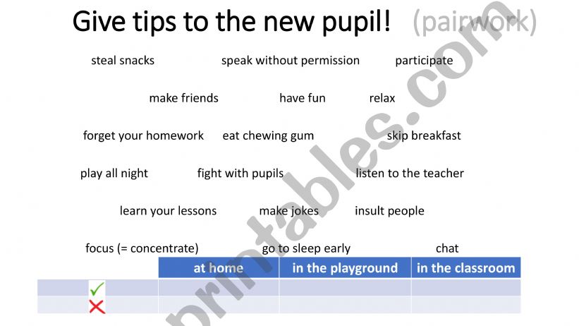 ESL - English PowerPoints: Give tips for a new student at school