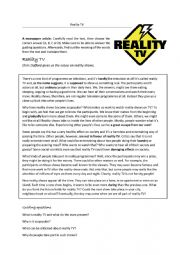 Reality tv worksheets