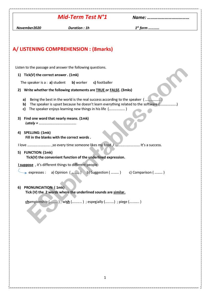 Mid-Term Test N°1 / 1st form - ESL worksheet by Batta tounsi