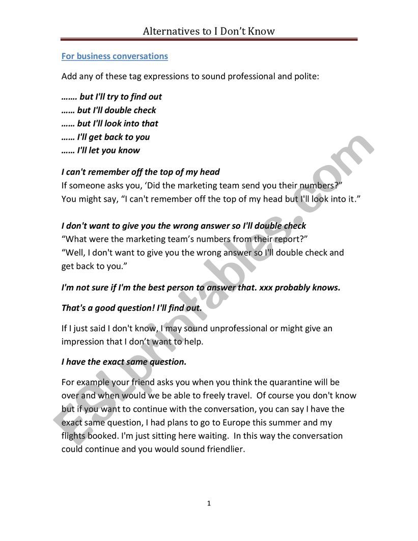 Alternatives to saying I don´t know - ESL worksheet by jessiepun