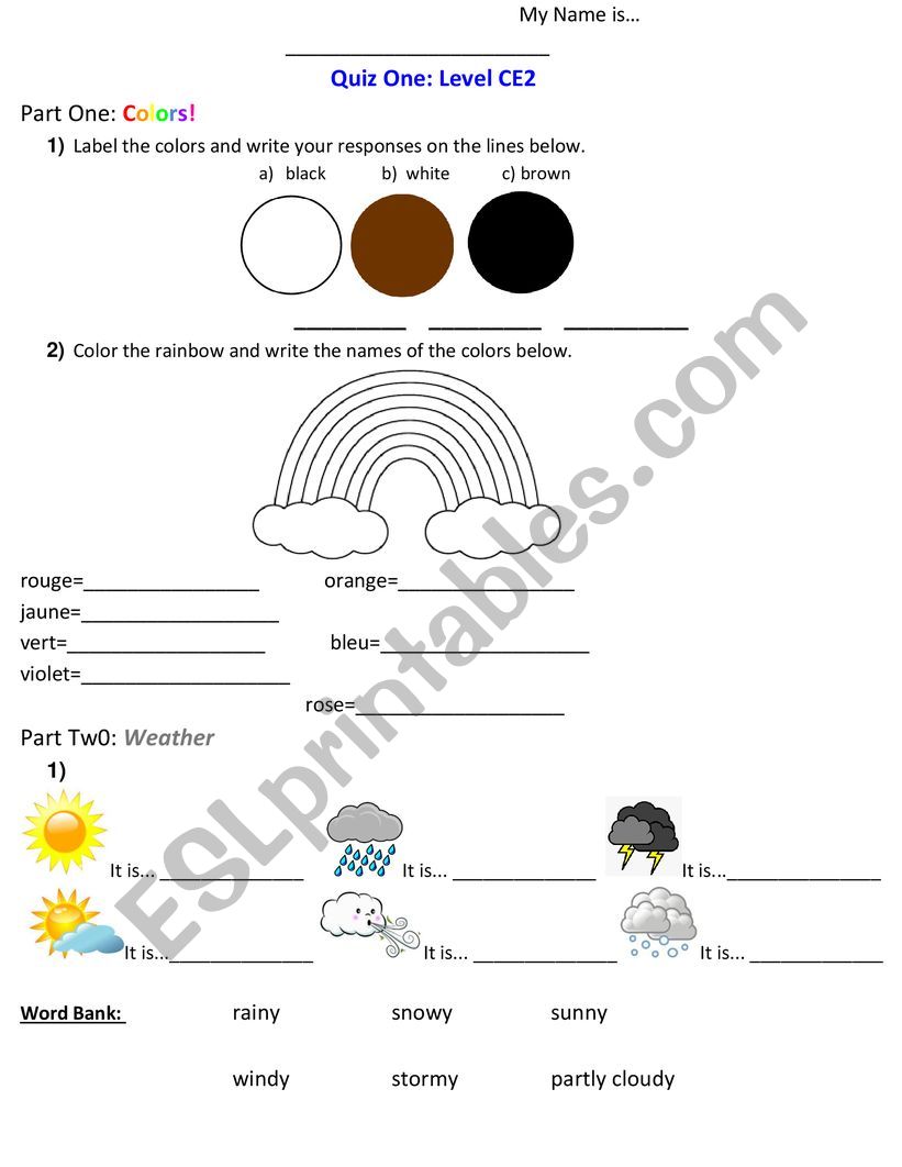 Colors, Weather, Animals, Nationalities, and Emotions Quiz - ESL ...