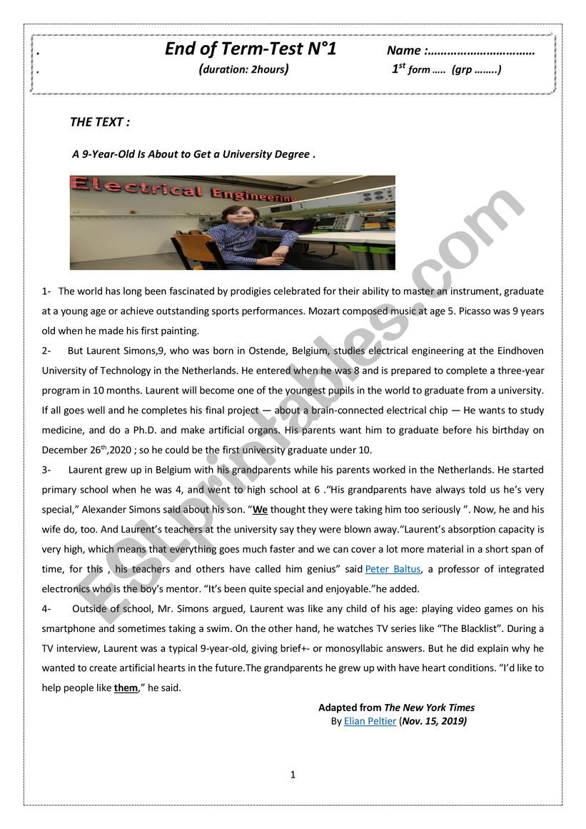 End of Term-Test N°1 / First form - ESL worksheet by Batta tounsi