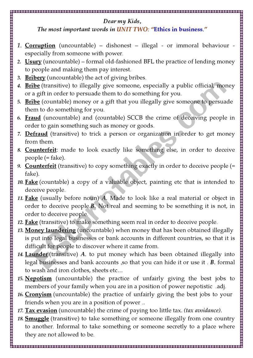 The most important words in UNIT TWO: “Ethics in business.” - ESL ...