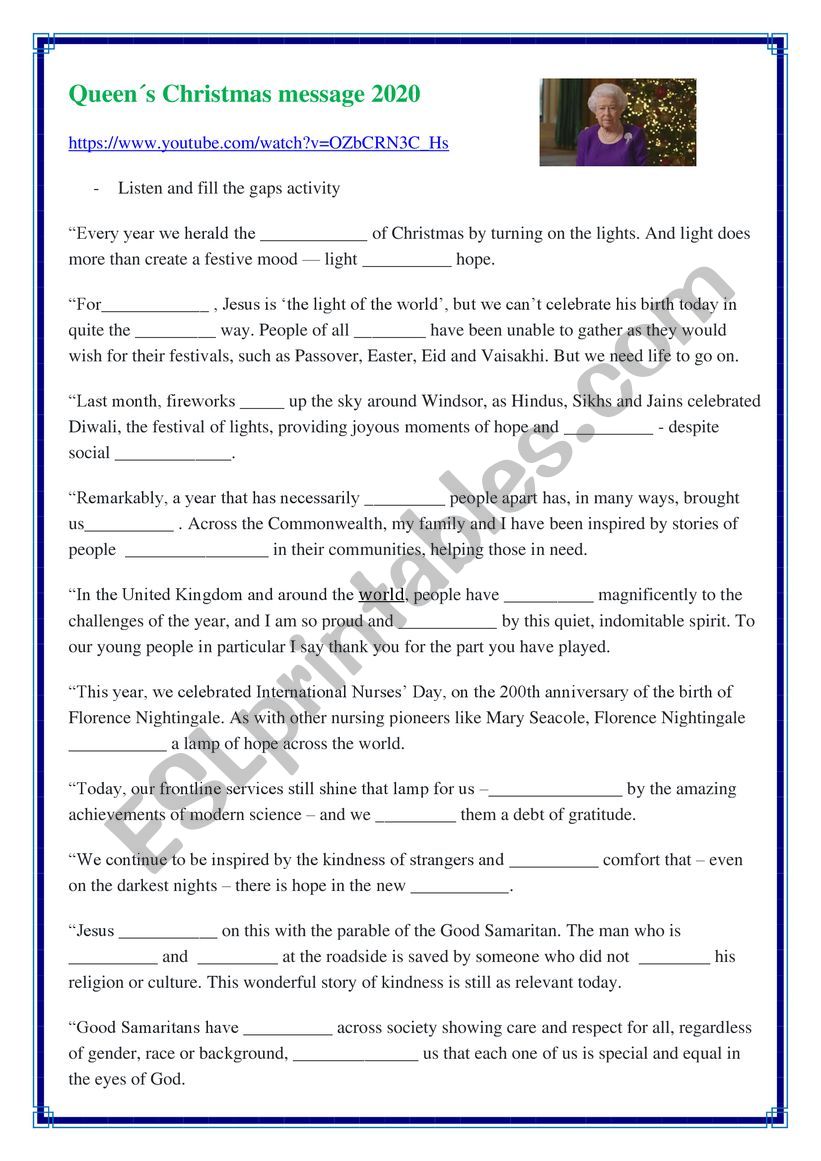 Queen´s Christmas message 2020 - ESL worksheet by lotas