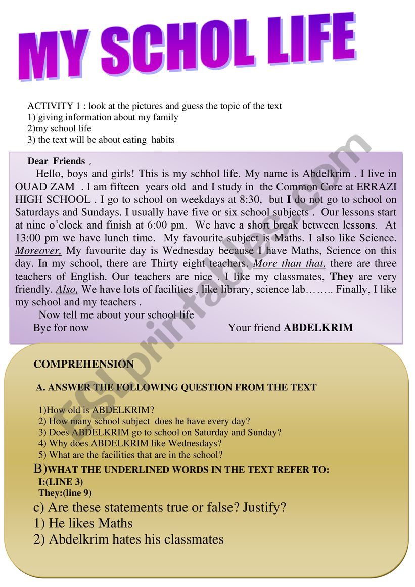 MY SCHOOL LIFE ESL Worksheet By Abdelatif Mouyssa