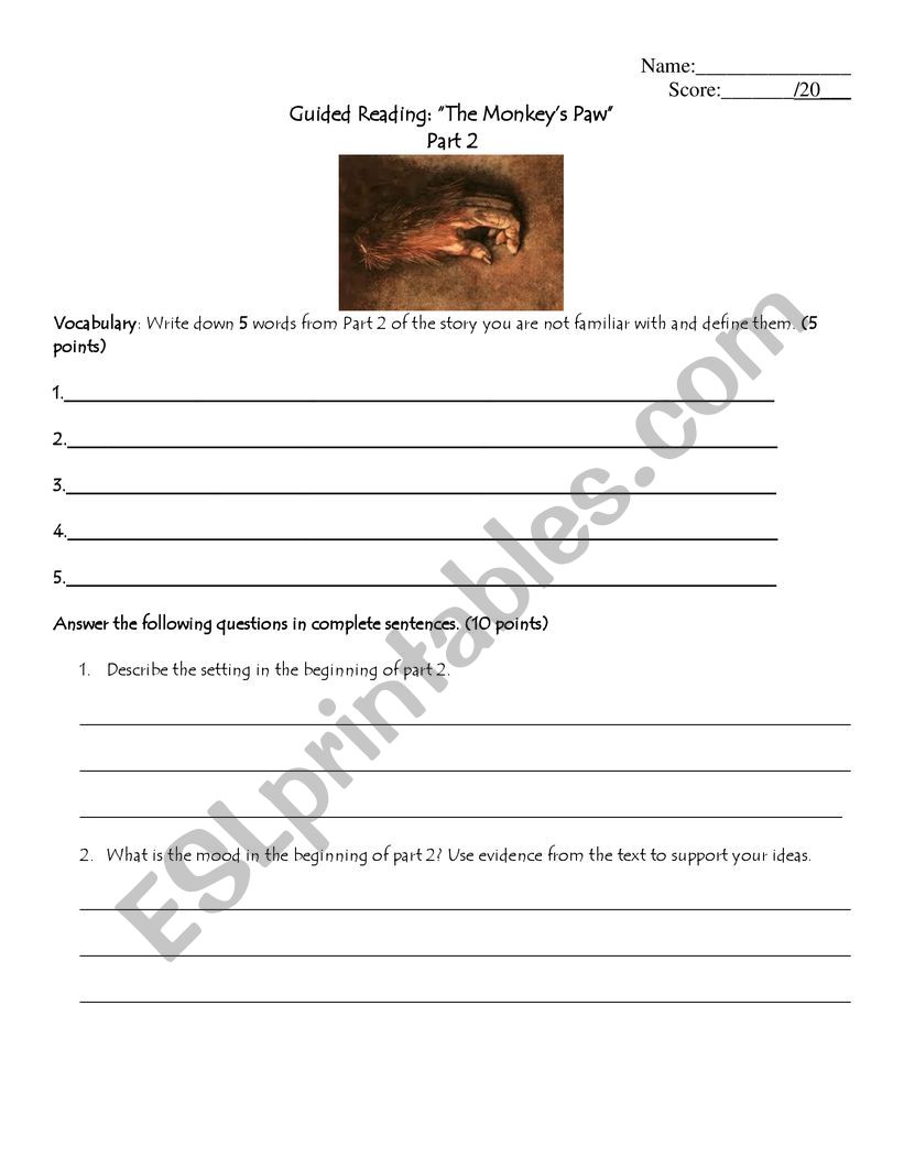 The MonkeyÃ¯Â¿Â½s Paw Guided Reading - ESL worksheet by BenjaminAP123456