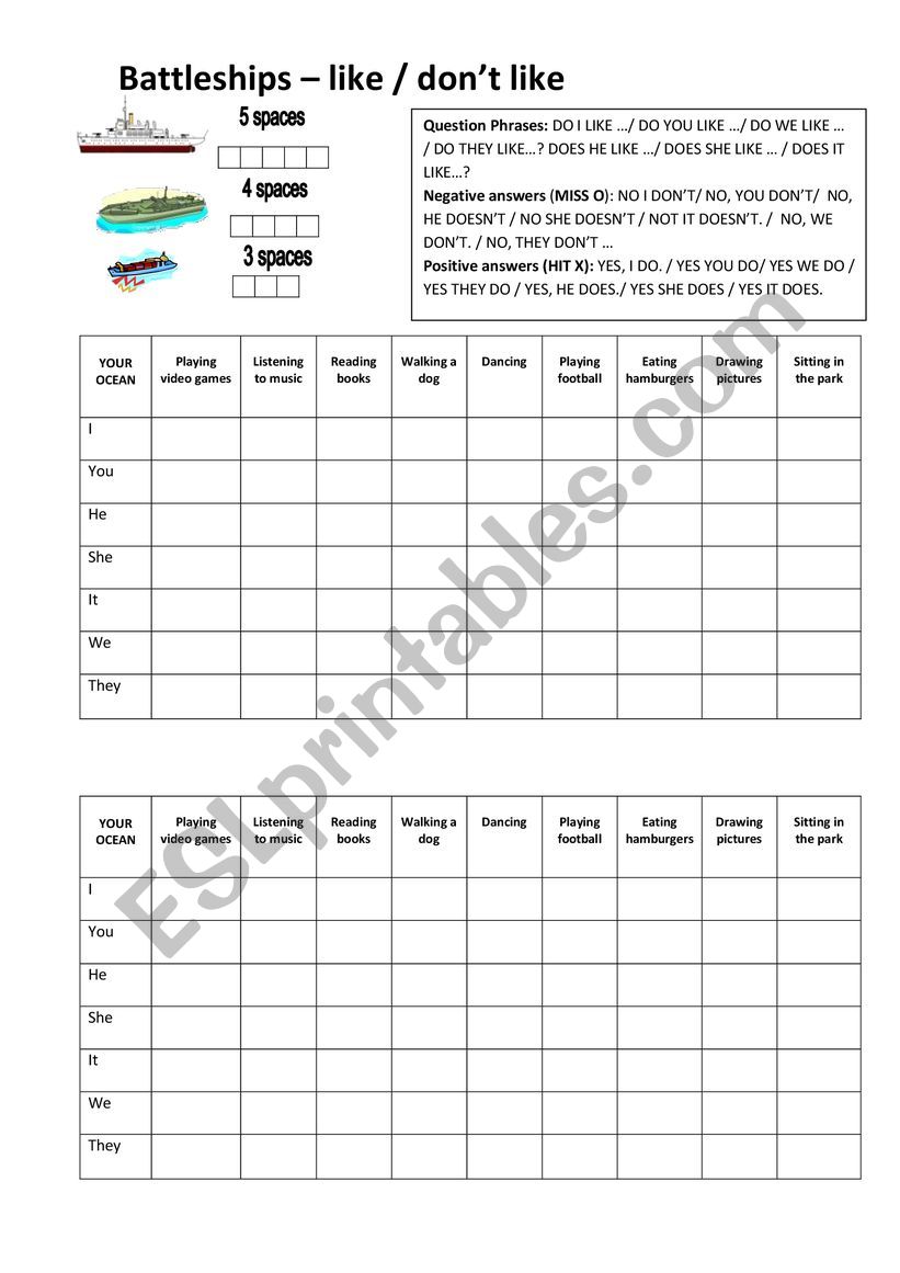like / donÃ¯Â¿Â½t like battleships - ESL worksheet by gholmer