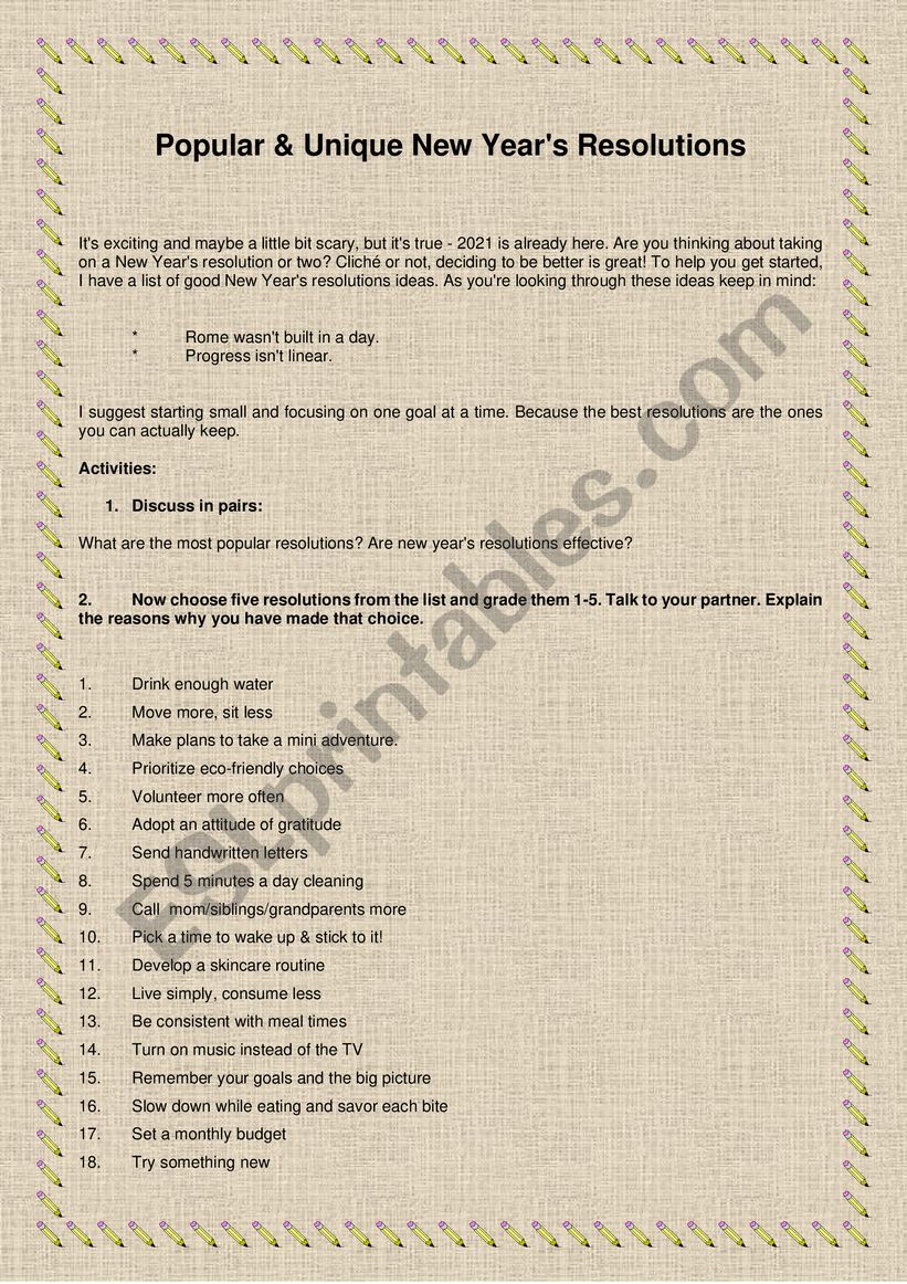 NEW YEAR´S RESOLUTIONS for teenagers - ESL worksheet by angeles bosch