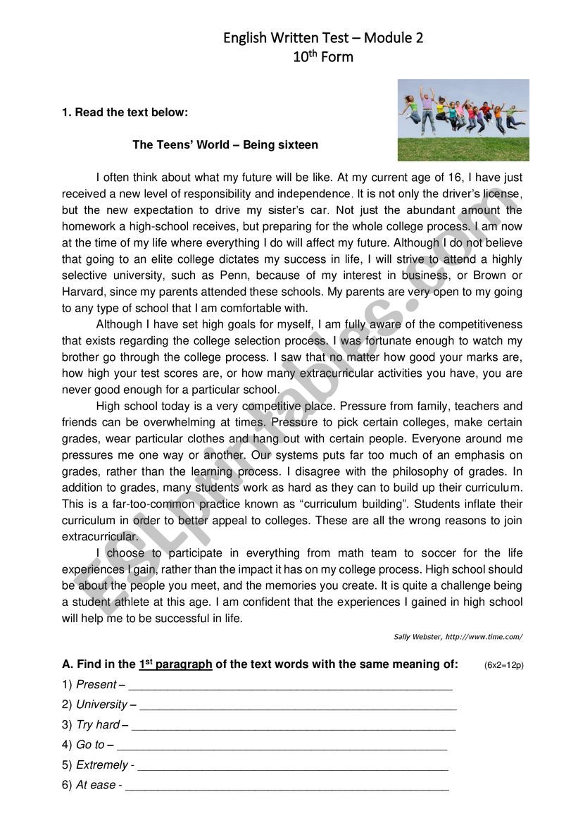 Teens´ World - Being 16 - ESL worksheet by mariajalmeida