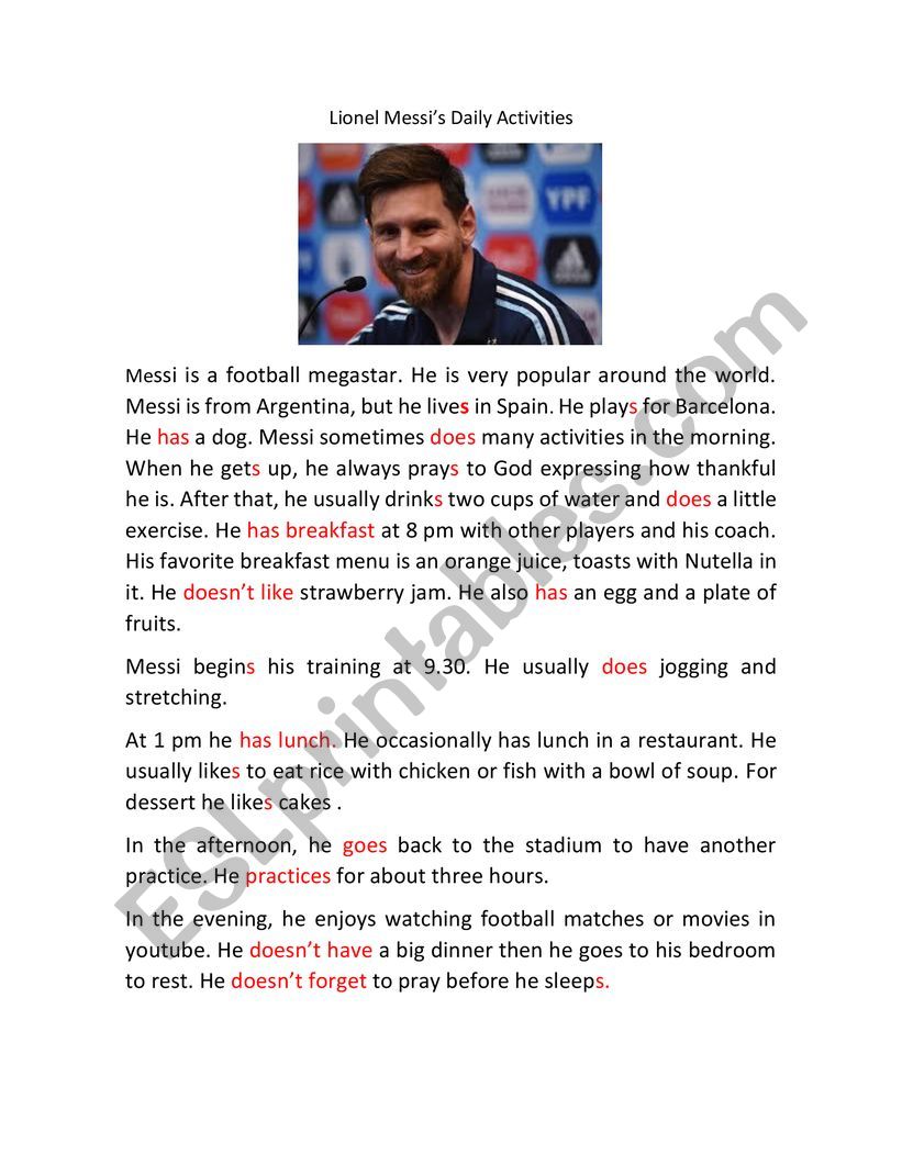 Lionel Messiï¿½s Daily Routines - ESL worksheet by dvd-oke