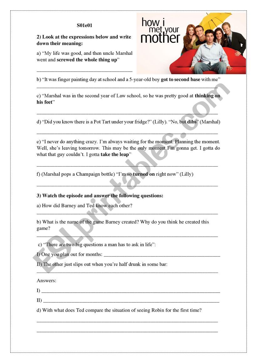 How I met your mother season 1 episode 1 - ESL worksheet by katiette
