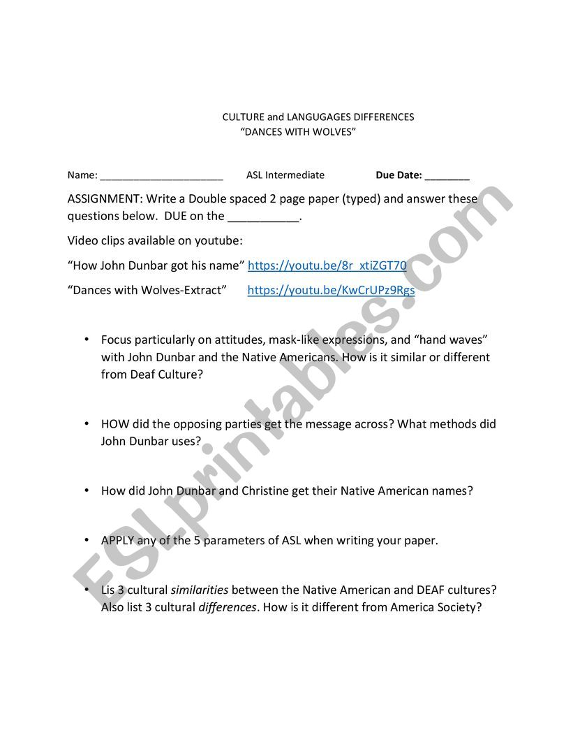 English worksheets: dance with wolves