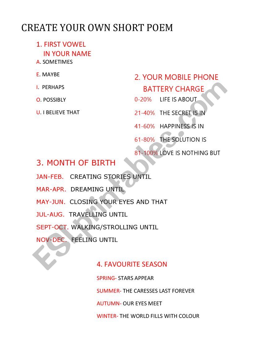 CREATE YOUR LOVE SHORT POEM FOR ST. VALENTINE - ESL worksheet by Jefatura