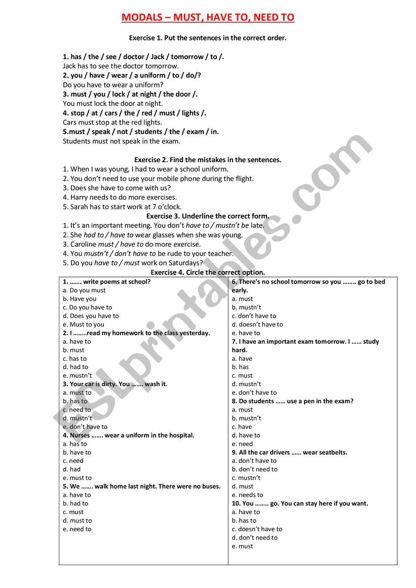 MODALS – MUST, HAVE TO, NEED TO - ESL worksheet by BeLiene