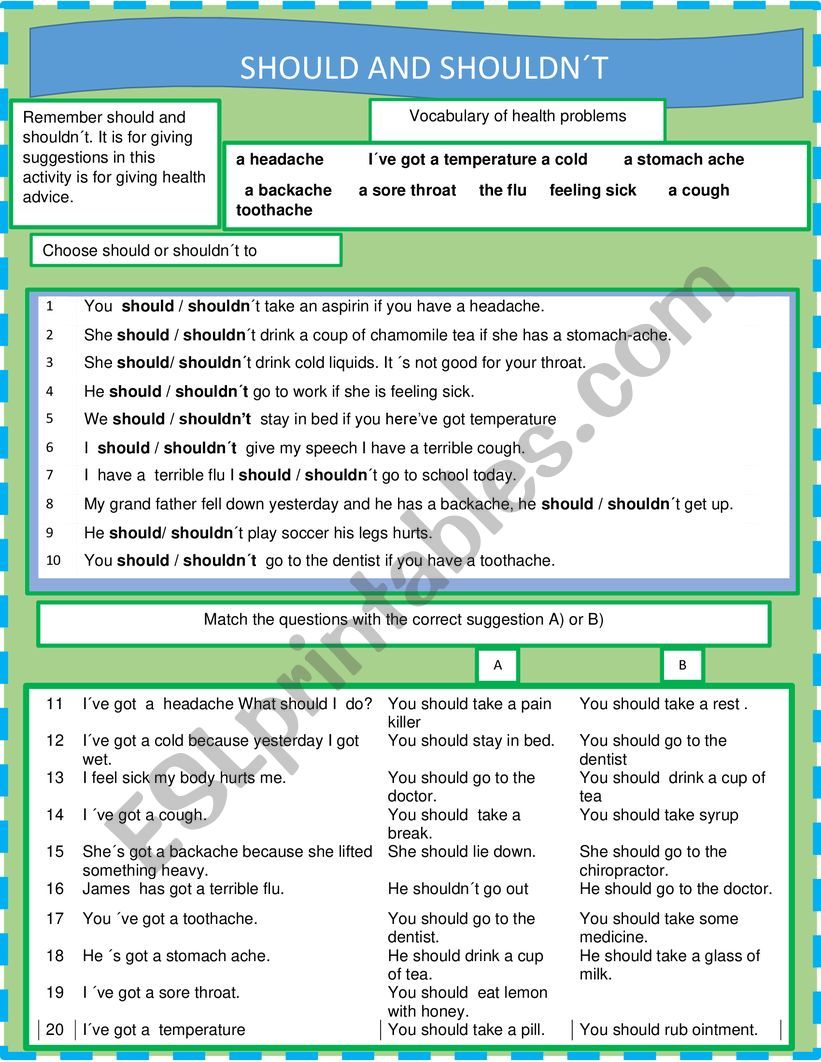 Should shouldn´t with health problems - ESL worksheet by lelany