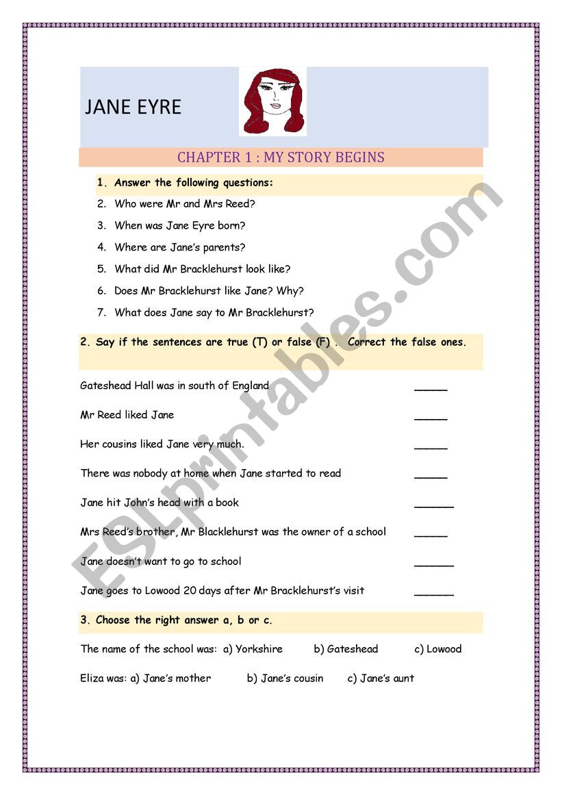 JANE EYRE : READER FOR BEGINNERS ( link to the book and worksheet for ...