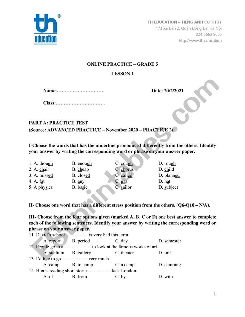 English worksheets: ONLINE PRACTICE – GRADE 5