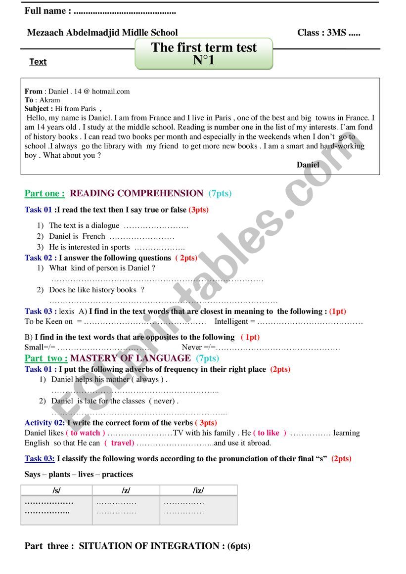 The first term test N°1 - ESL worksheet by linalouna