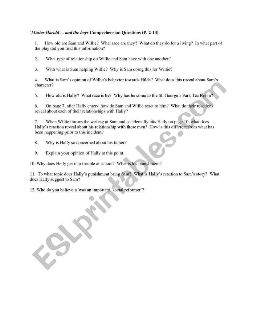 ï¿½Master Haroldï¿½... and the Boys Comprehension Questions Part 1 ...