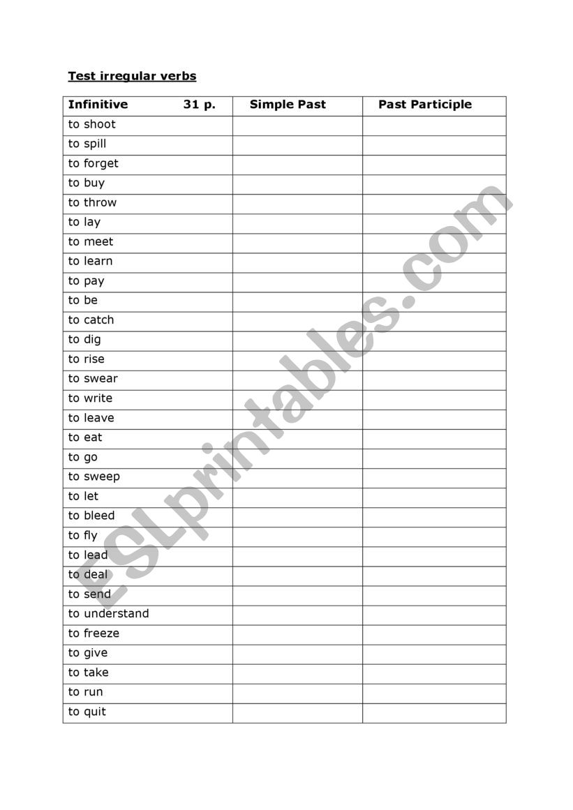 Test Irregular Verbs Simple Past - ESL worksheet by carolin.riechmann