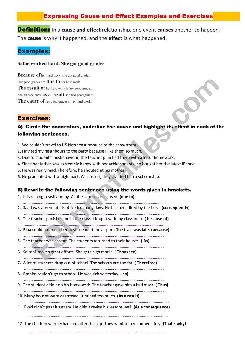 Expressing Cause and Effect (Linking Words) Summary - ESL worksheet by ... Expressing Cause and Effect (Linking Words) Summary - ESL worksheet by ...