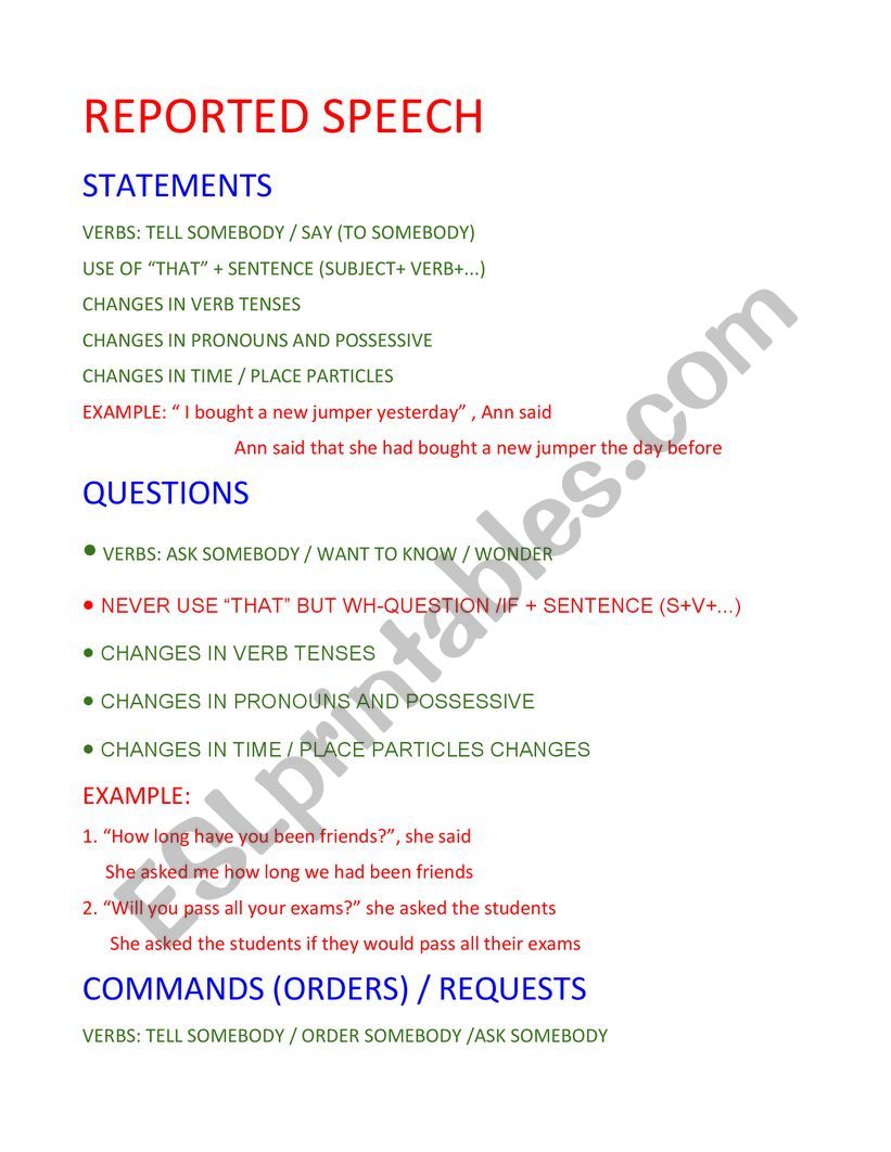Reported Speech summary - ESL worksheet by chusichus Reported Speech summary - ESL worksheet by chusichus