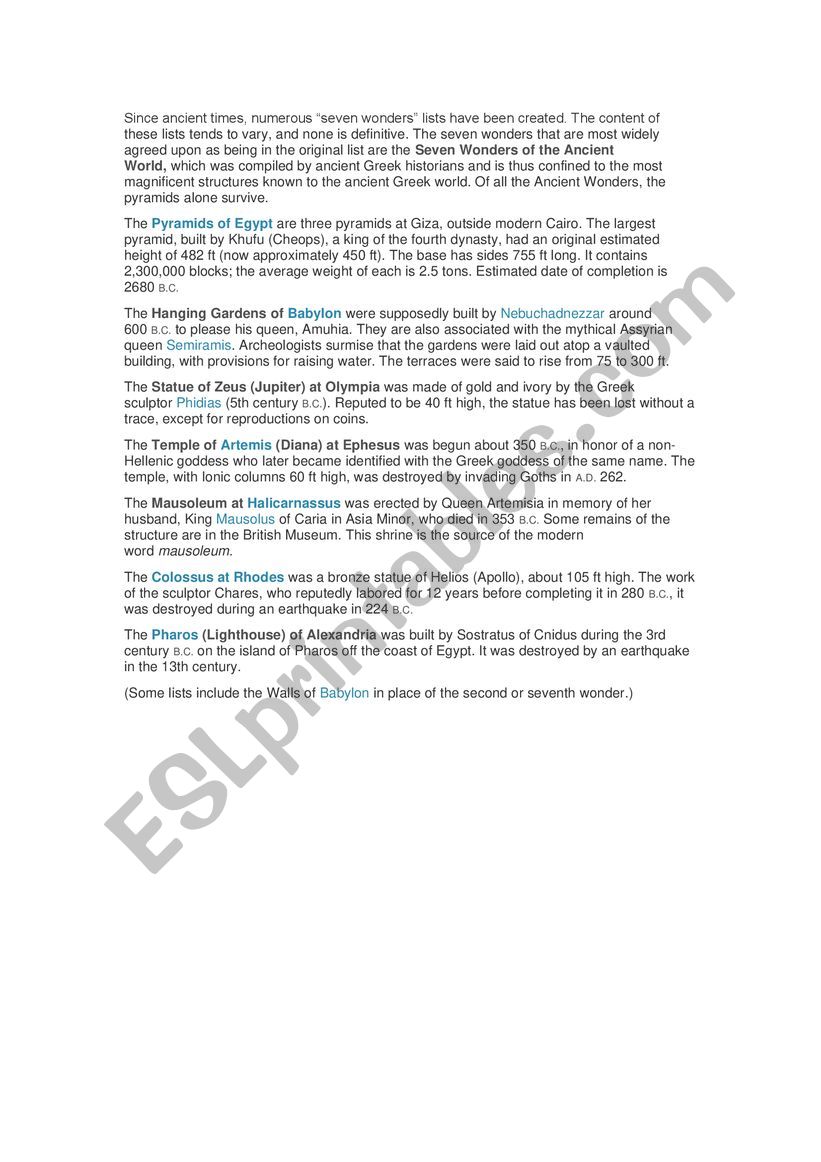 Wonders of the world - ESL worksheet by Jasna11