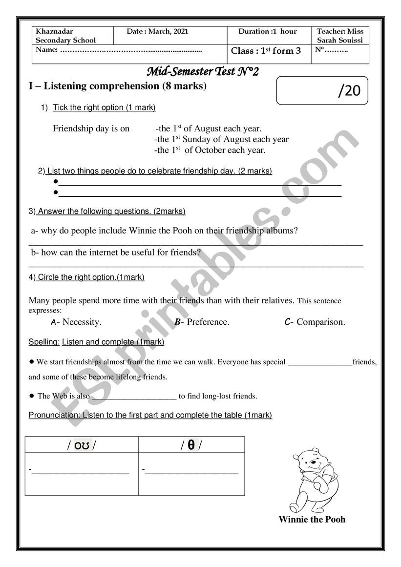 Mid-semester test first form - ESL worksheet by Ssouissi Mid-semester test first form - ESL worksheet by Ssouissi
