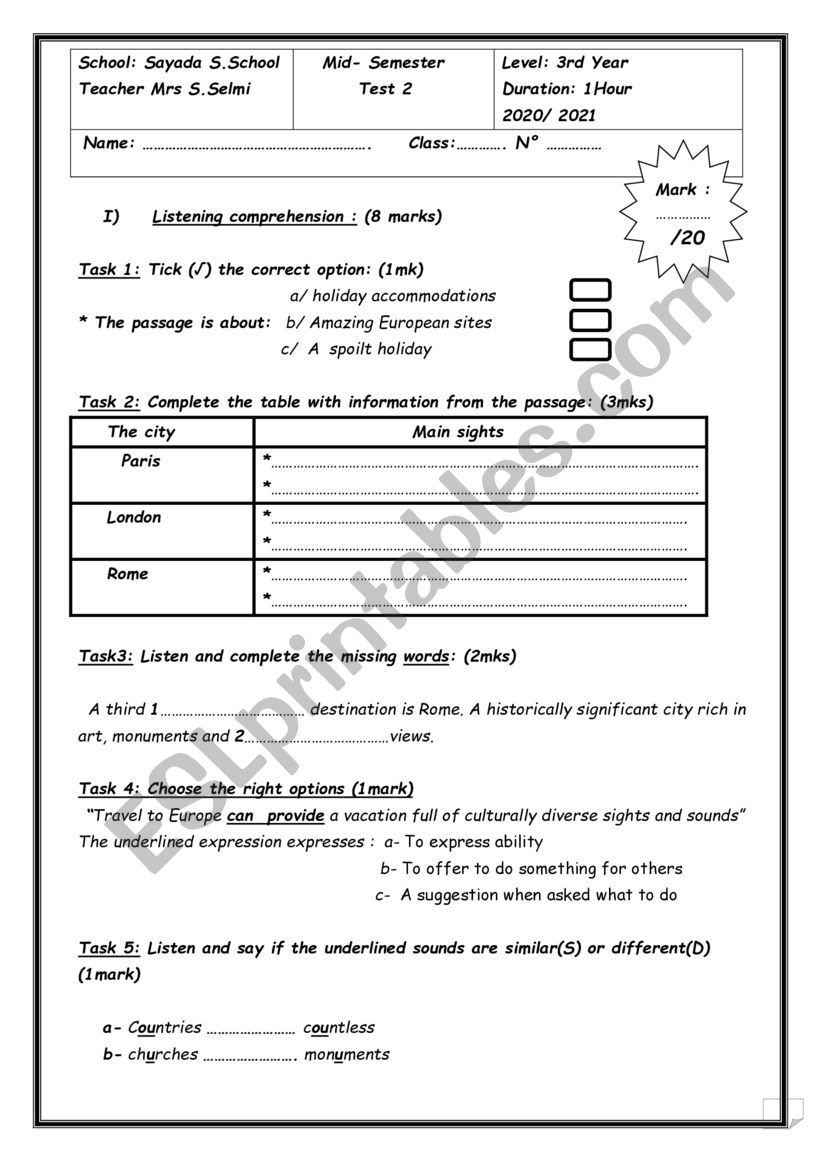 mid-term test N°2 - ESL worksheet by selmi souad mid-term test N°2 - ESL worksheet by selmi souad