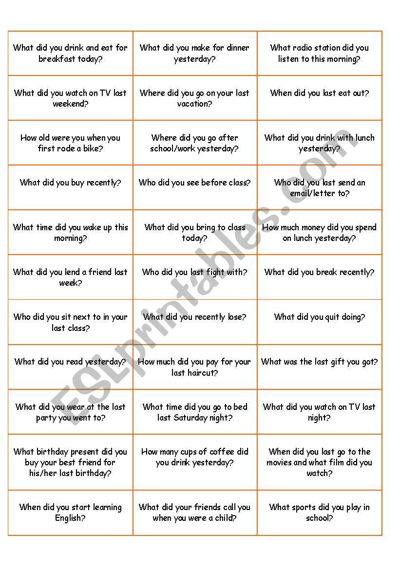 Conversation Questions Simple Past Activities ESL Worksheet By