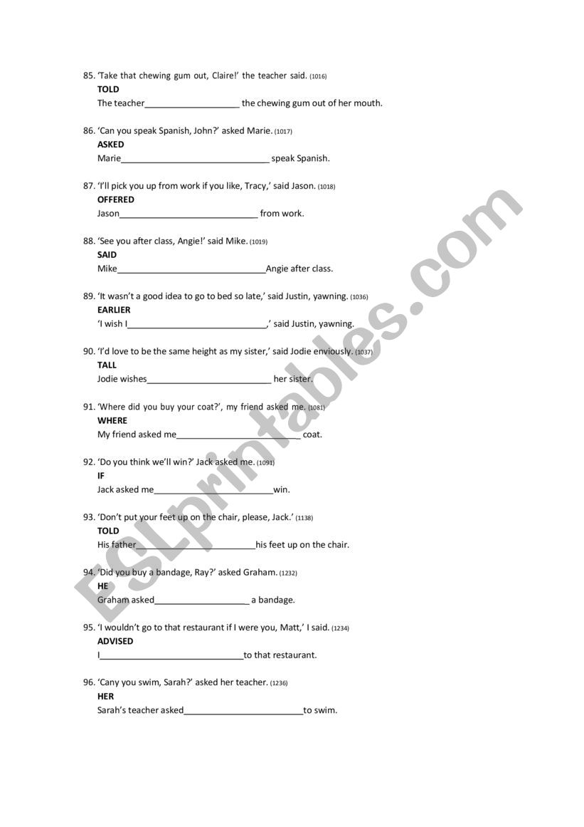Reported Speech Sentence Transformation Esl Worksheet - vrogue.co