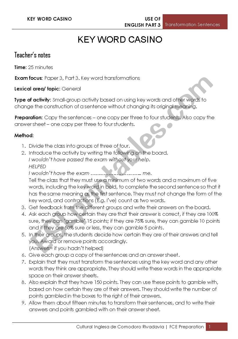 English worksheets: GAME: Key word Casino - teacher´s notes