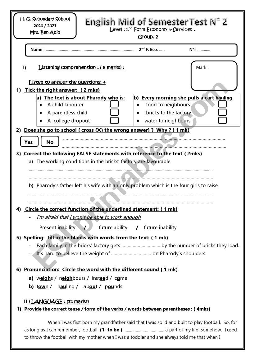 Mid Semester TEST N° 2 for 2nd Form Eco. and Services - ESL worksheet ...
