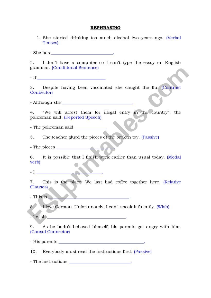 English worksheets: REWRITING EXERCISE