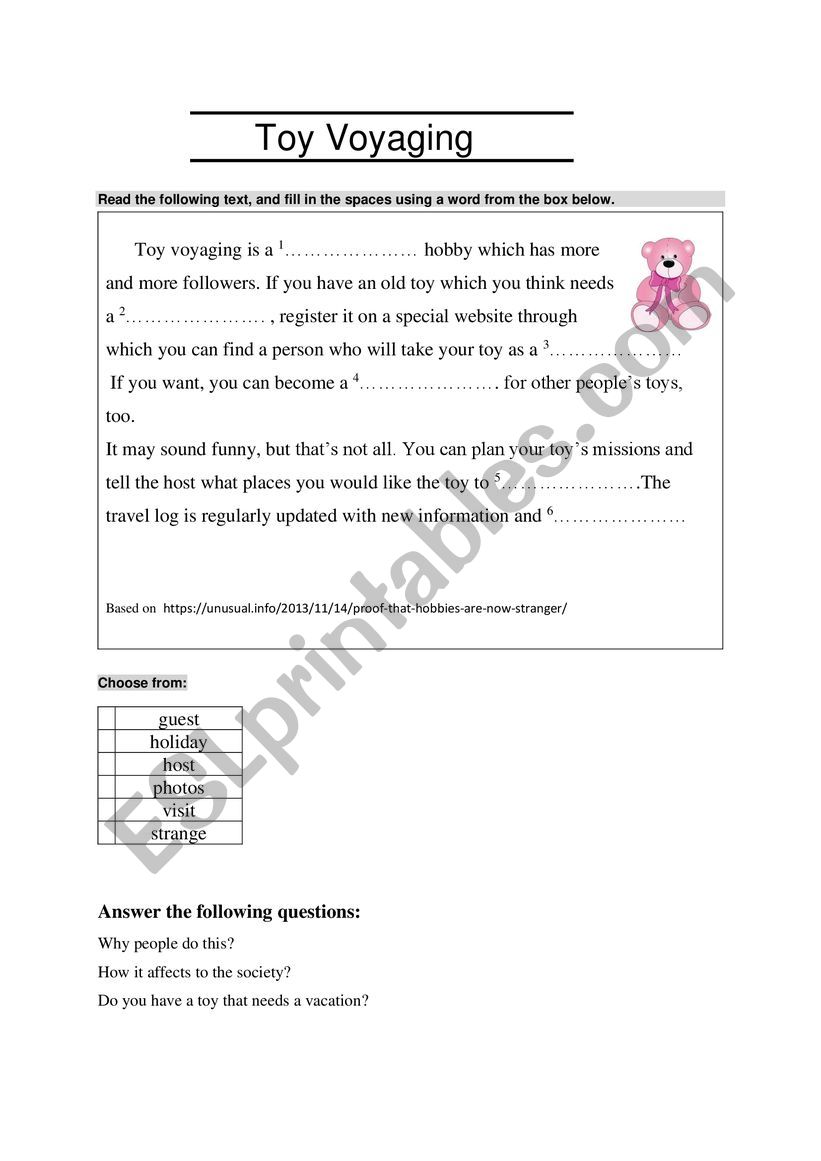 Unusual hobby – Toy voyaging - ESL worksheet by glutenfree