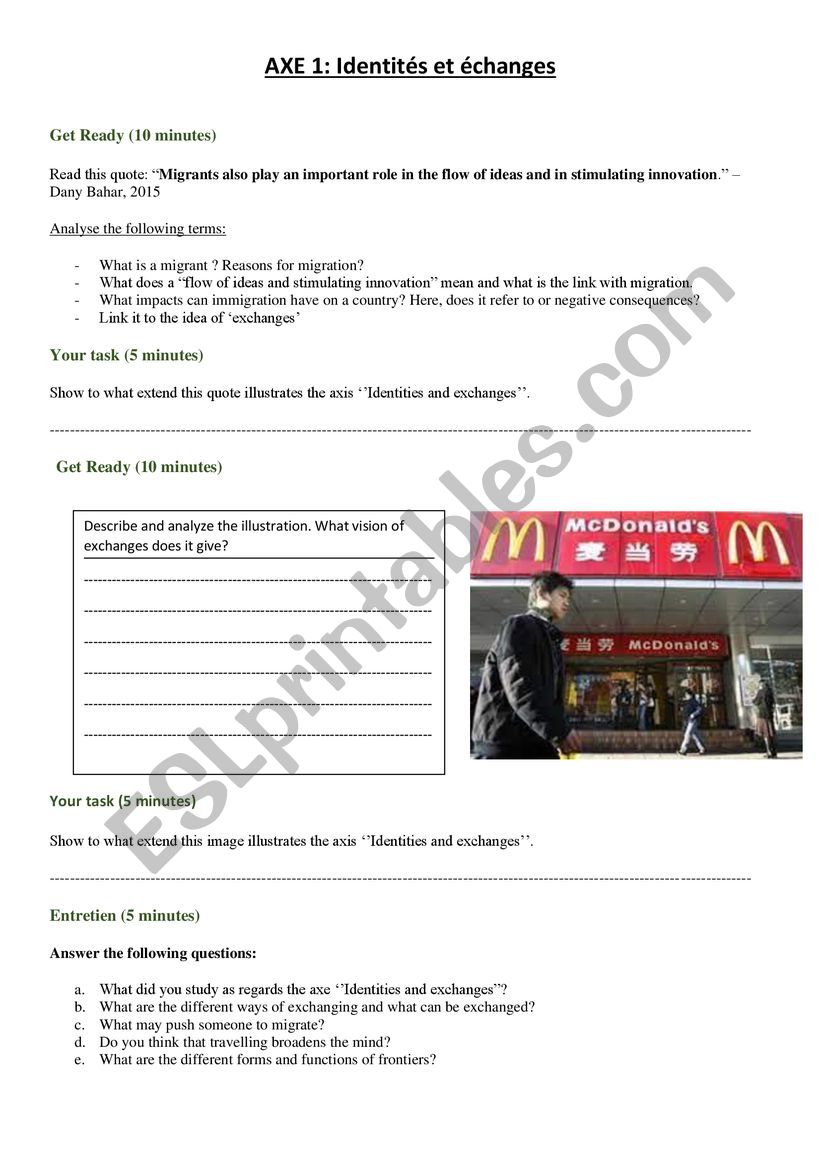 Identities and exchanges oral exam baccalauréat - ESL worksheet by marie85