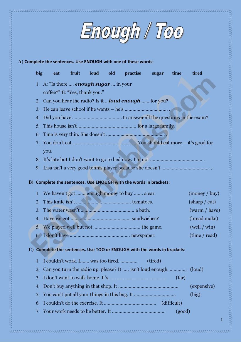 Enough - Too - ESL worksheet by somairiadh