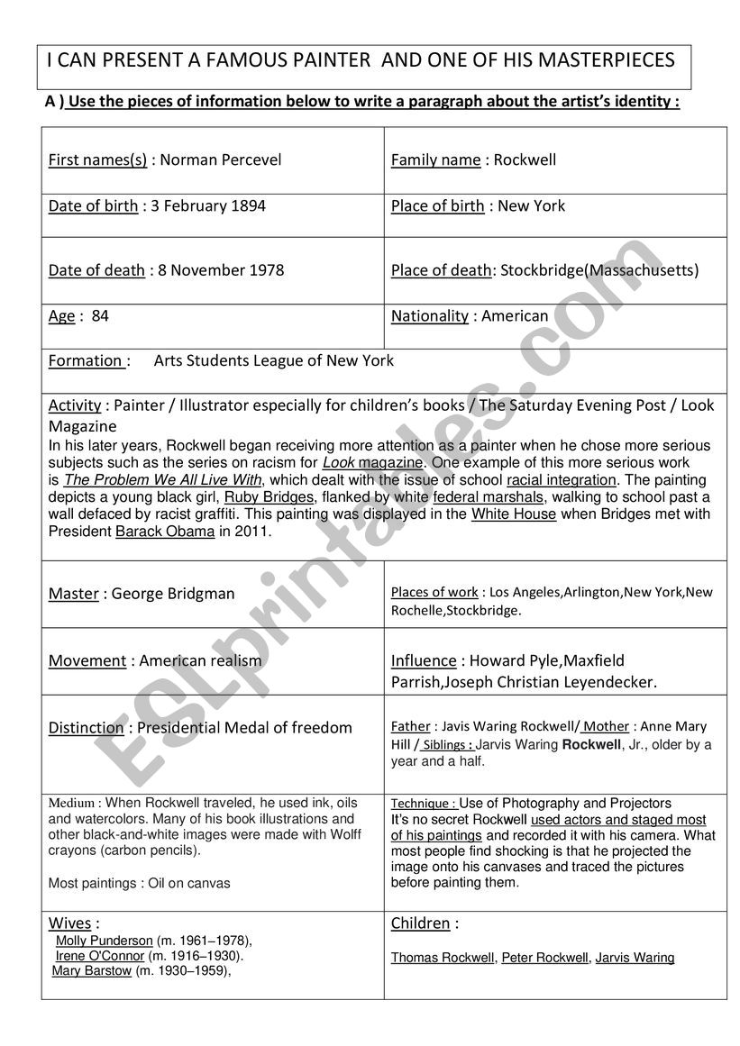 I CAN PRESENT A PAINTER AND HIS WORK - ESL worksheet by MULLER