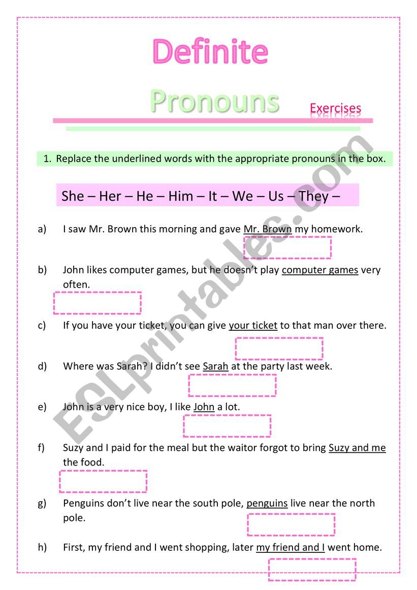 Definite Pronouns Exercise ESL Worksheet By Nicolecavalcanti
