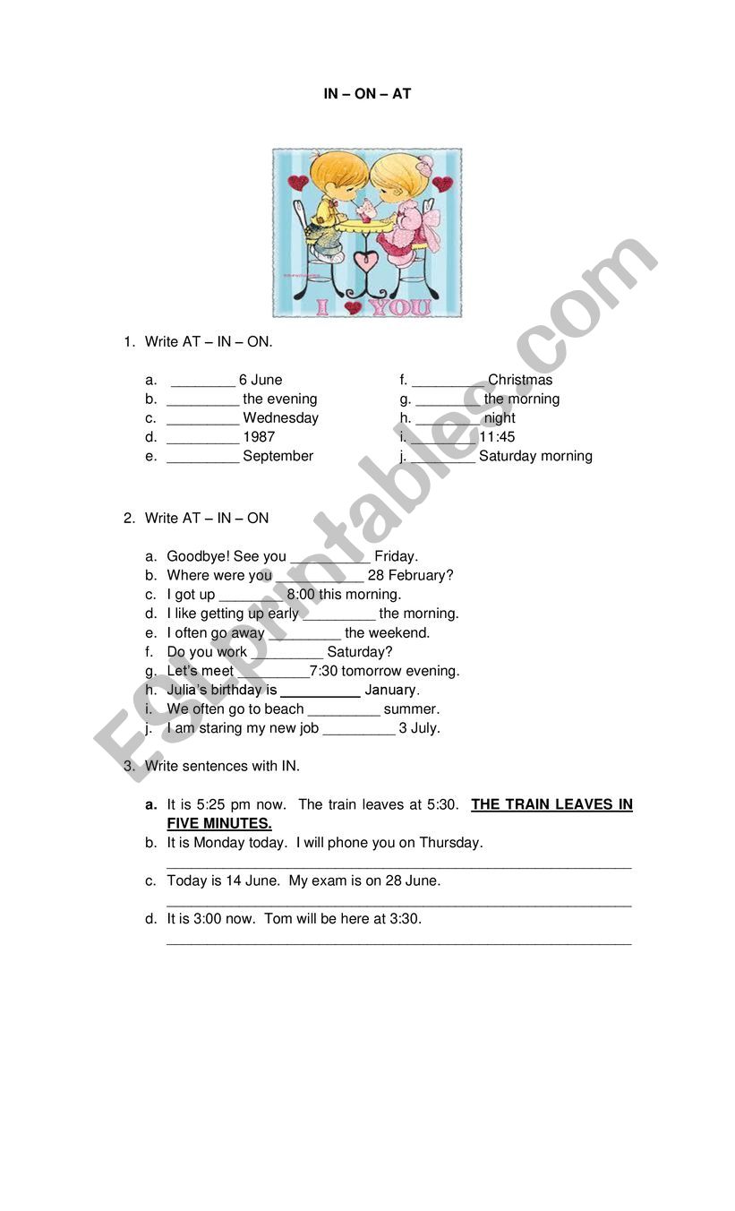 In On At Worksheet