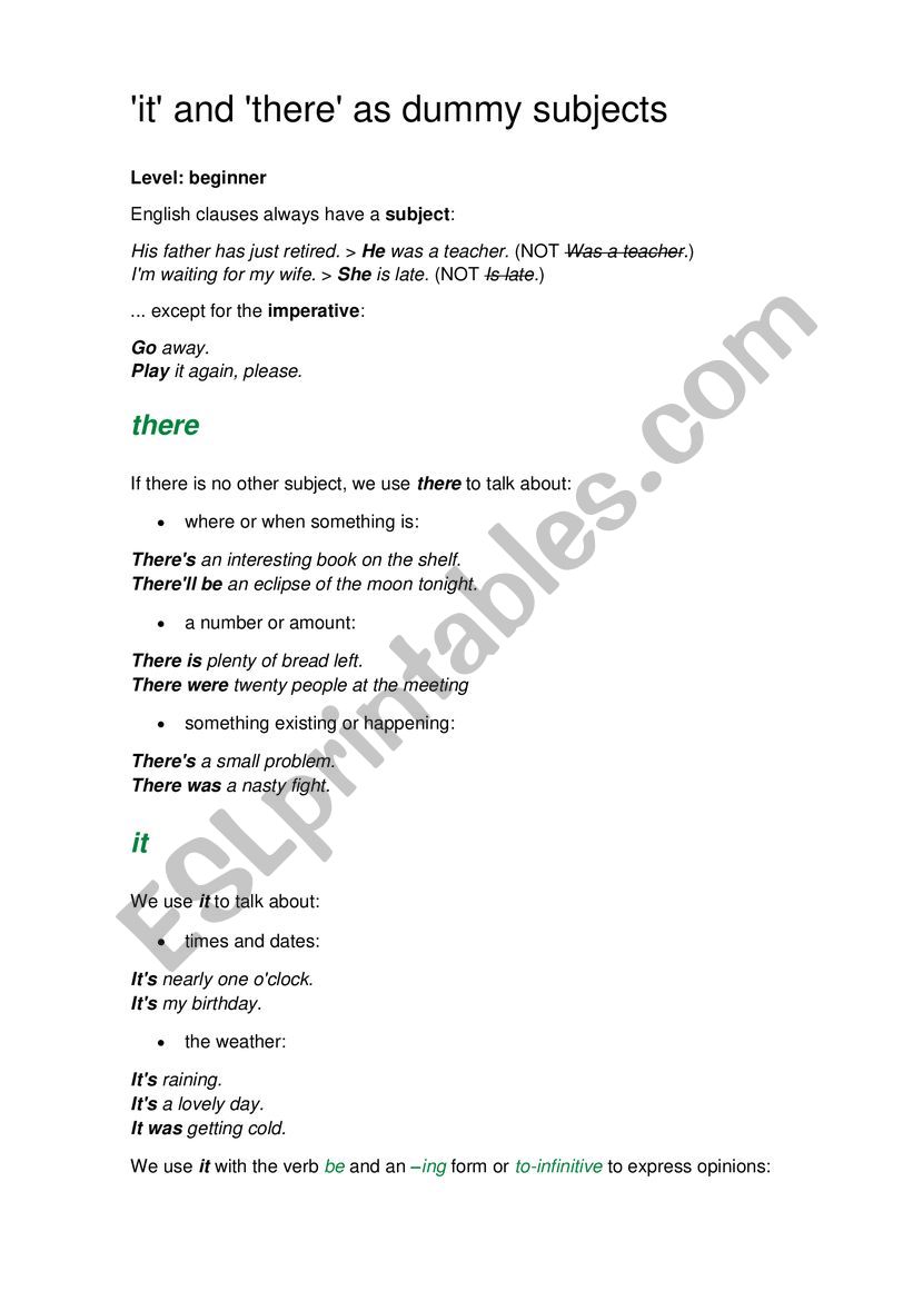 It and there as subjects - ESL worksheet by mangu_manuela