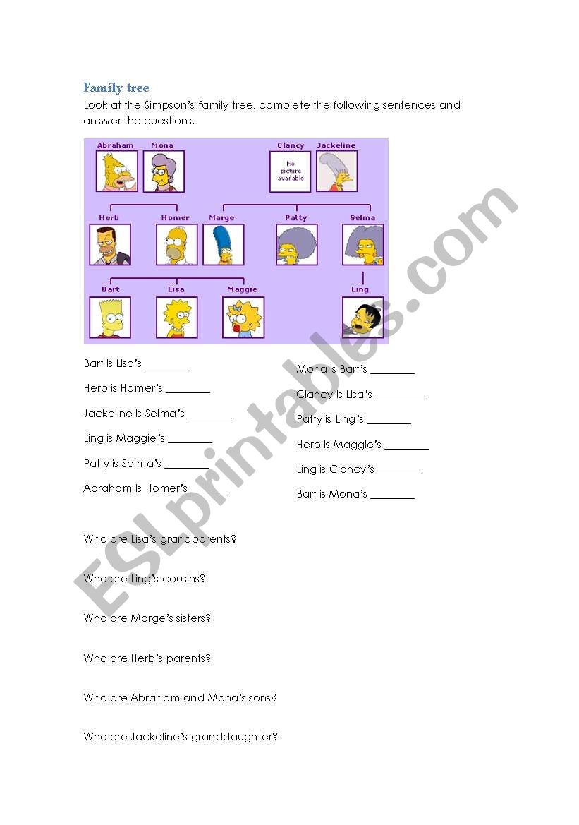 The Simpsons´ family tree - ESL worksheet by eslpaula